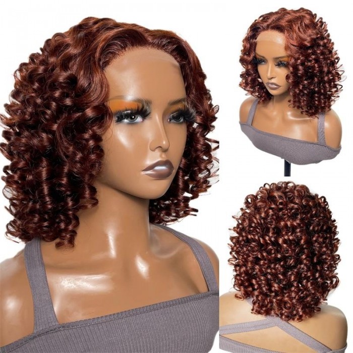 Hurela Reddish Brunette 4x0.75 Middle Part Lace Bob Wig With Ringlets Color #33B | Hurela Hair