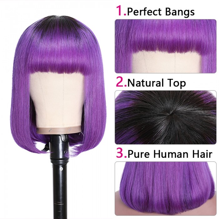 Hurela Ombre Purple Bob Human Hair Wig With Bangs 12 Inch Colored Short ...