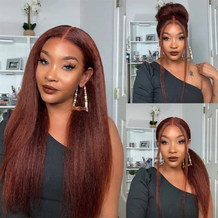 Hurela 33B Auburn Wig Kinky Straight 4x4 lace Closure Wigs Human Hair ...