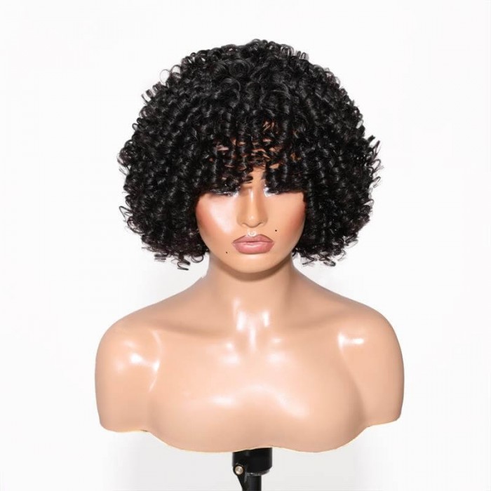Hurela Tight Ringlests Curly Fringe Black Glueless Short Bob Wig ...