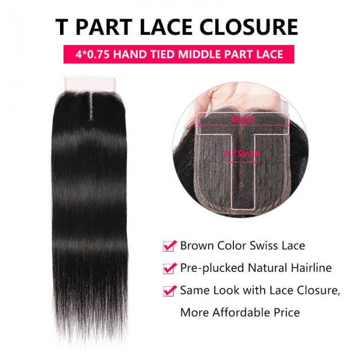 Hurela Brazilian T Part Lace Closure With 3 Bundles Straight Hair ...