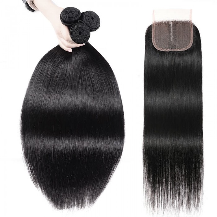 Hurela Brazilian T Part Lace Closure With 3 Bundles Straight Hair ...