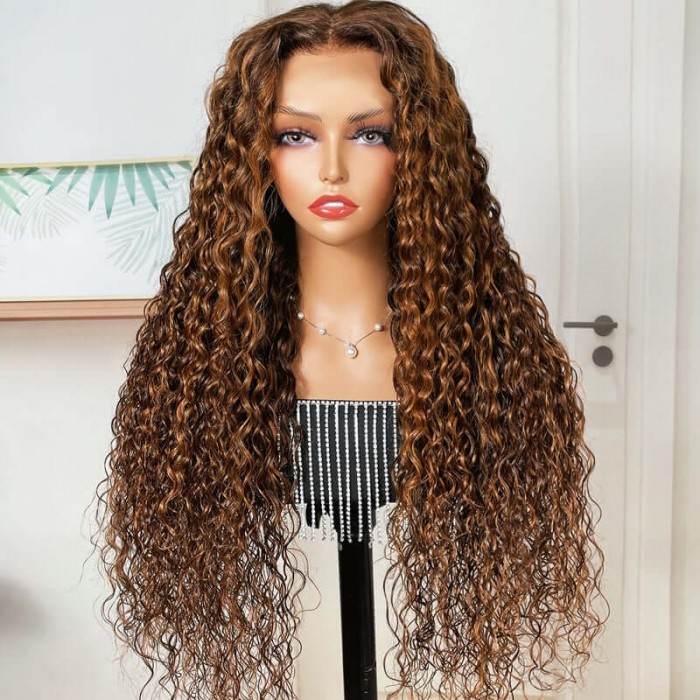 Hurela Piano Brown Highlight Big Curly 13x5 Lace Frontal Wigs Water ...