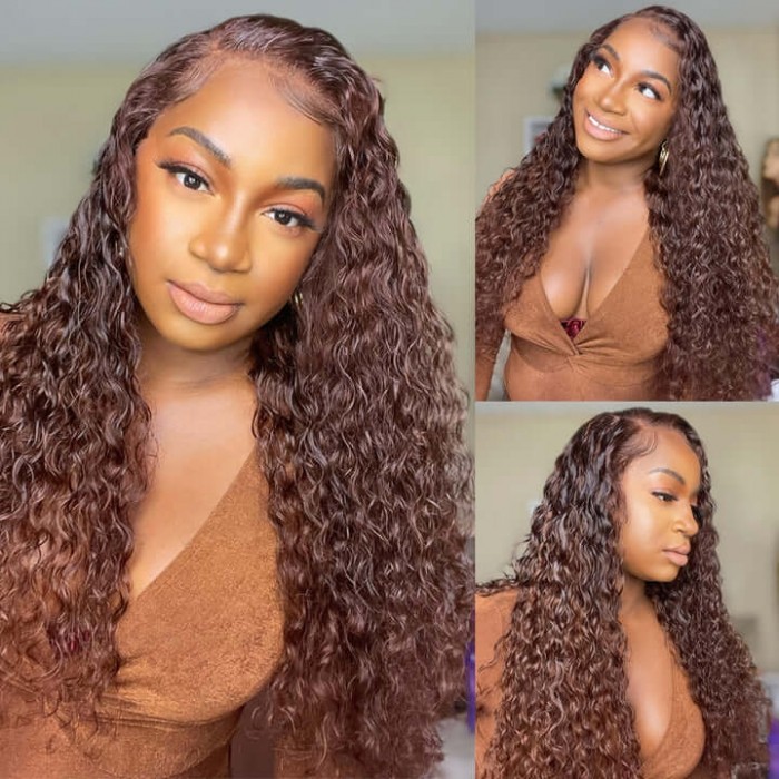 Hurela Dark Auburn Water Wave 13x4 Lace Front Human Hair Wigs Pre Plucked With Baby Hair 150% ...
